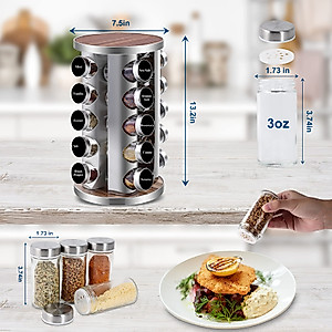 Rotating Spice Rack Organizer for Cabinet, 20 Jars Revolving Seasoning Organizer for Kitchen, Stainless Steel Spice Tower for Countertop with Reuseable Labels and Funnel