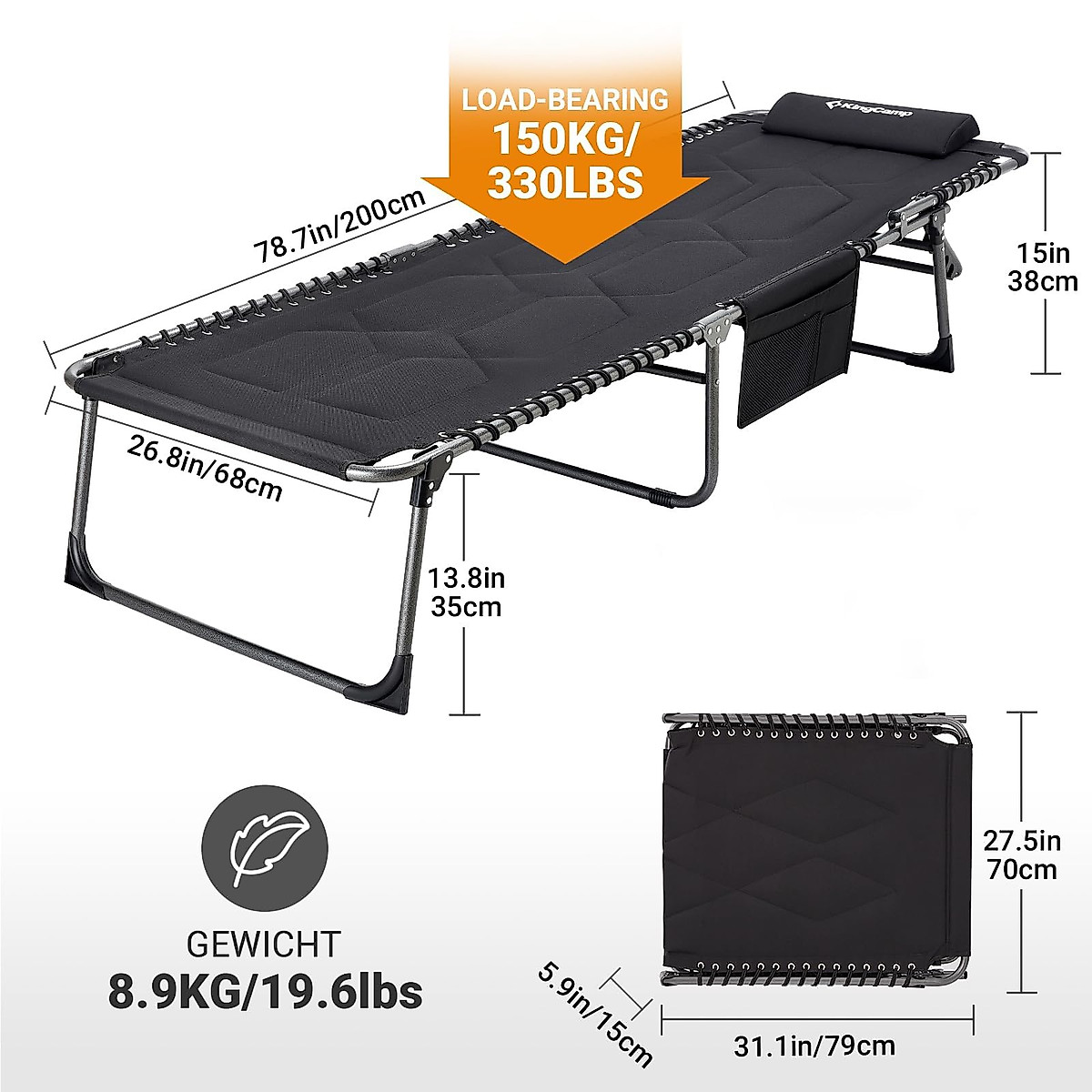 KingCamp Oversize Padded Folding Chaise Lounge Chair for Outdoor, Patio, Beach,Lawn, Sunbathing, Tanning, Pool, Lay Flat Heavy-Duty Adjustable Reclining Chairs with Pillow, Pocket, Support 330lb