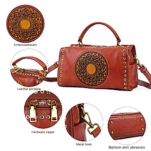 Genuine Leather Purses Pocketbooks for Women, Handmade Vintage Handbag Top Handle Satchel Mandala Totem Crossbody (Orange brown)