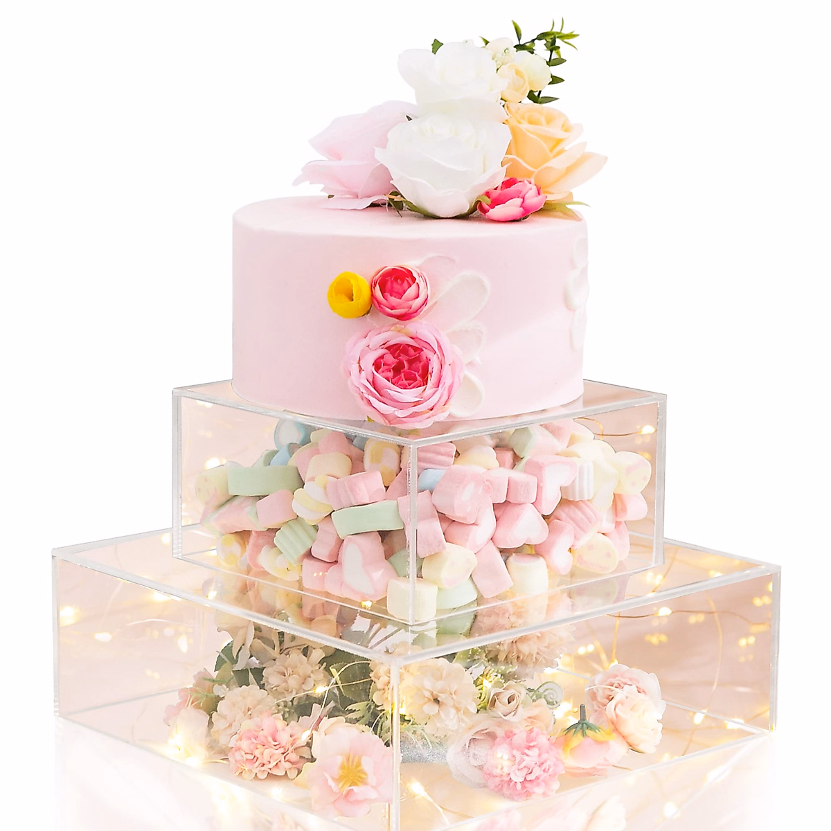 HeiMma 2 Set Clear Acrylic Cake Stands for Dessert Table 12” and 8” Fillable Cake Box Risers for Buffet Table, Square Cake Stand for Wedding Birthday Party, Hollow Bottoms…