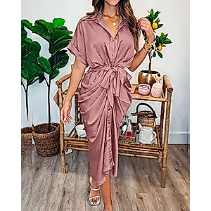 BTFBM Women 2023 Button Down Ruched Shirt Dresses Short Sleeve Lapel V Neck Elegant Party Spring Summer Maxi Satin Dress(Short Sleeve Pink, Small)