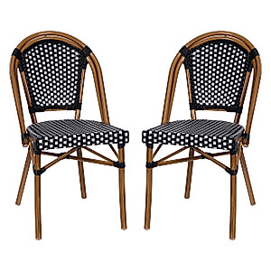 Merrick Lane Sacha Bistro Chair - Black & White Woven PE Seat and Back - Bamboo Finish Aluminum Frame - for Indoor/Outdoor Use - Set of Two