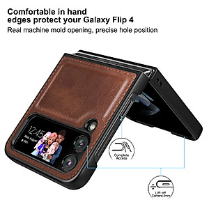 Foluu Case for Samsung Galaxy Z Flip 4 5G 2022, Galaxy Z Flip 4 Leather Case, PU Leather + Hard PC Shell Ultra Thin Slim Durable Protective Phone Case Cover for (Brown)