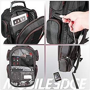 Core Gaming Laptop Backpack From Mobile Edge Core Gaming, 17.3 Inch, External USB 3.0 Quick-Charge Port w/Built-in Charging Cable, Patch Panel - Black w/Red Trim - MECGBPV1