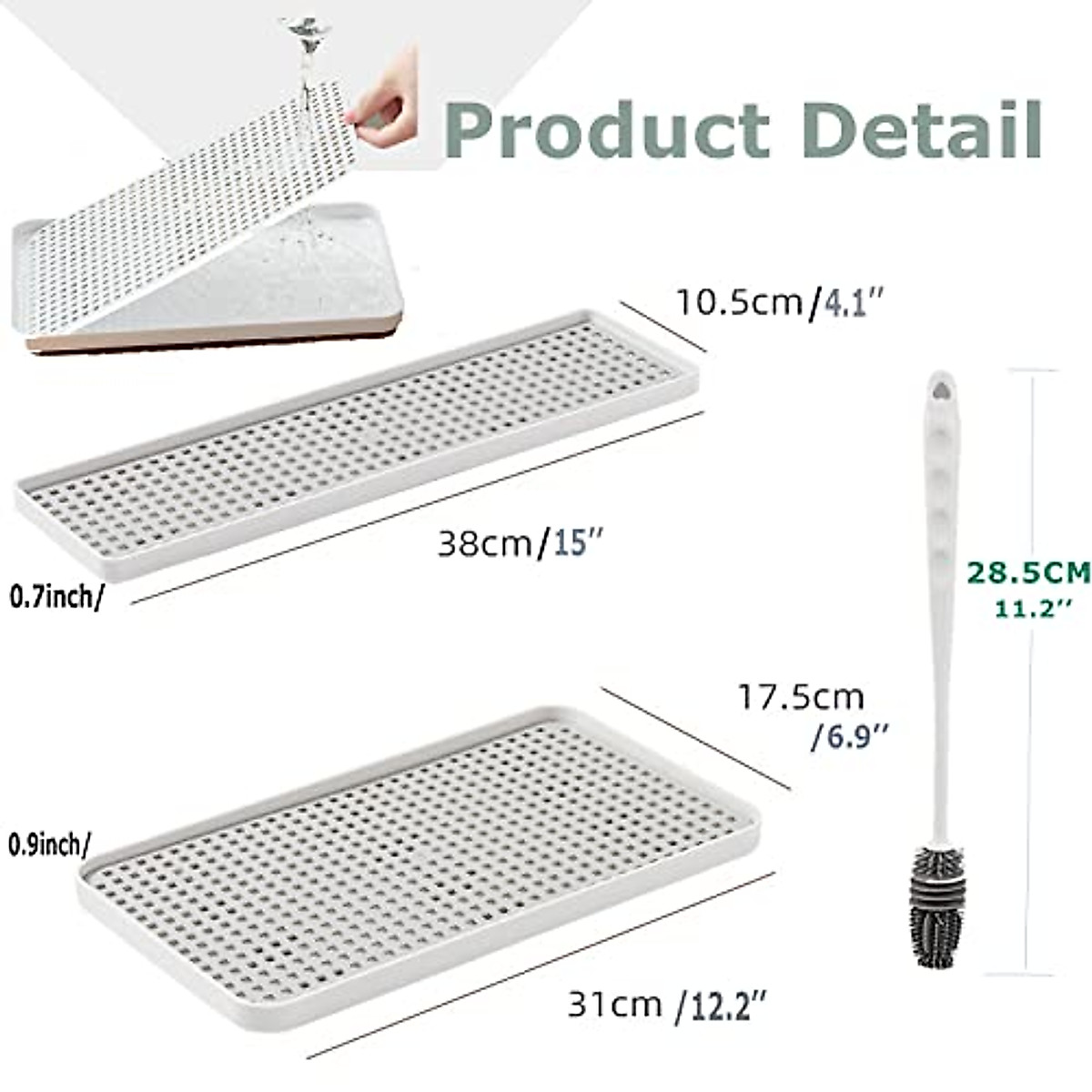 lengenyen 2pcs Drain Board for Kitchen, 2 Tier Dish Drying Rack Set with Drainboard+1pc Cup Brush for Kitchen Counter,Sink,Coffee Bar,Bottle Shelf,Or Cup Holder(White)