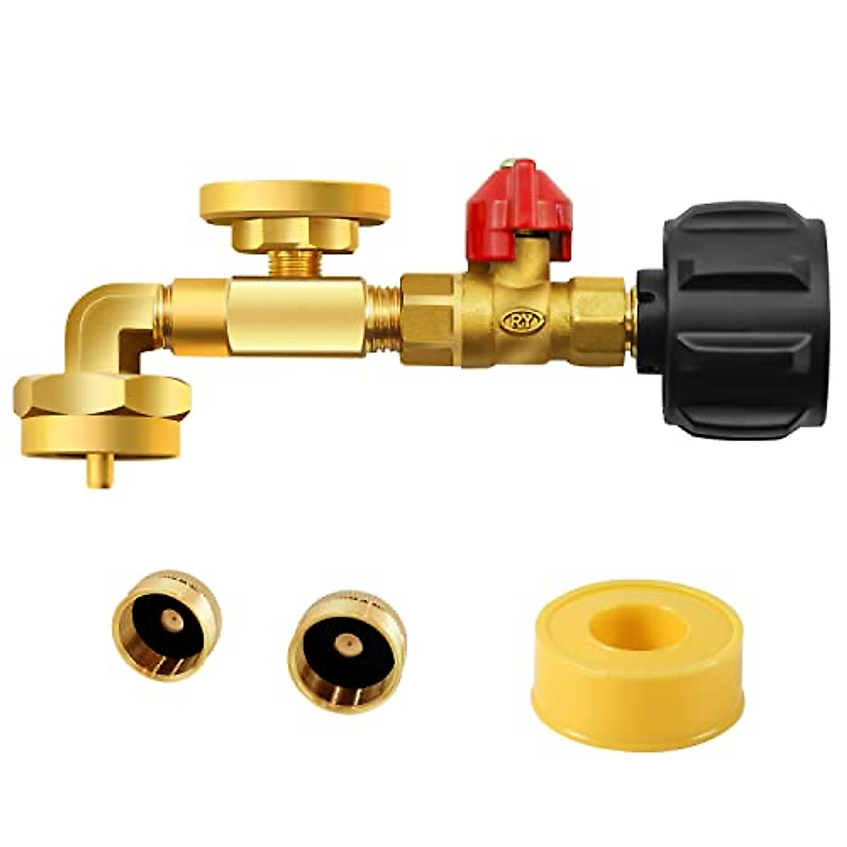 QCC1 Propane Refill Elbow Adapter with Propane Tank Gauge, 90 Degrees Refill Pressure Adapter with ON-Off Control Valve for Camping Grill 1LB Bottle Tank 20-40LBS Cylinder