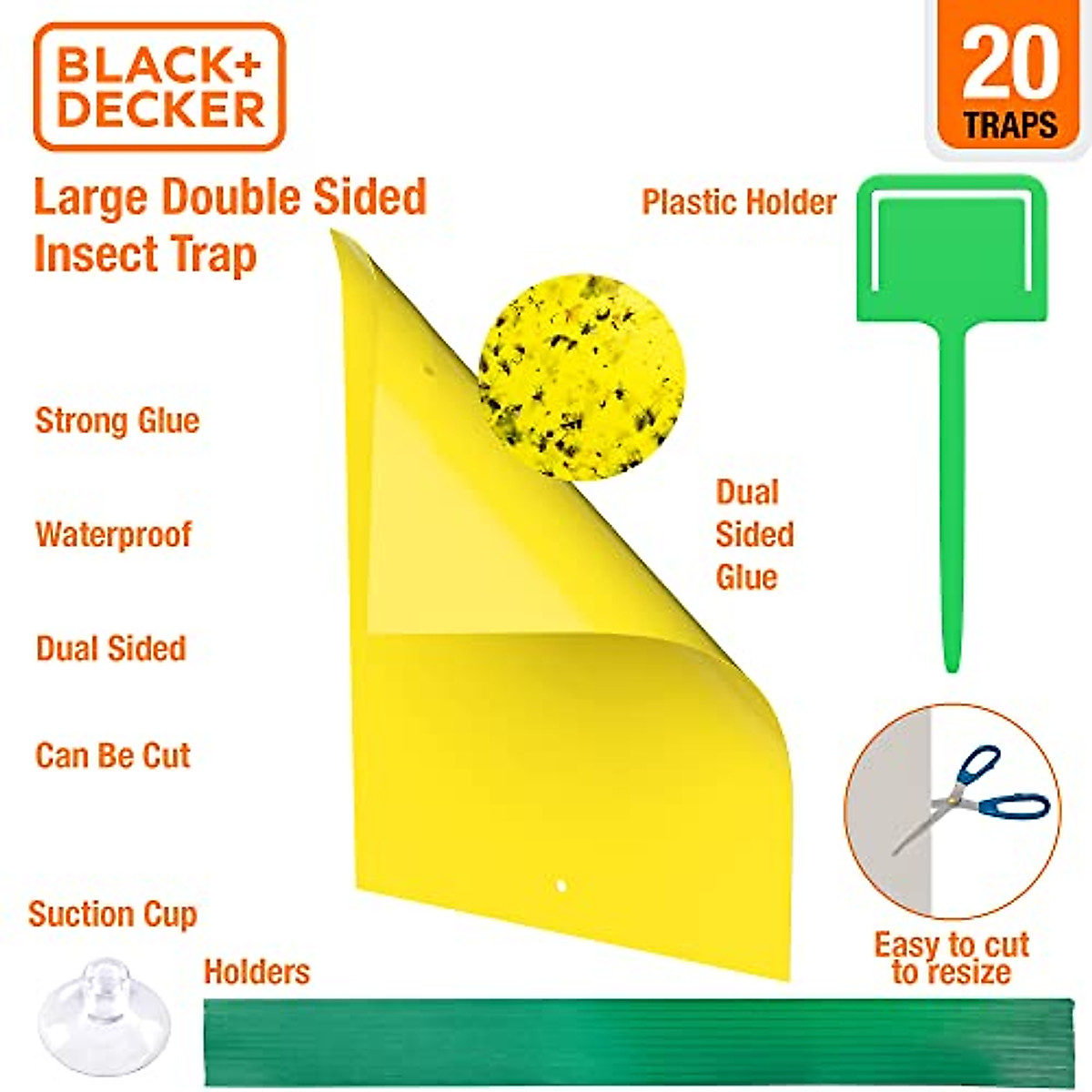 BLACK+DECKER Fruit Fly Traps for Indoors & Fly Traps Outdoor- Gnat Traps for House- Dual- Sided Yellow Mosquito & Fly Trap, 20 Pack Sticky Traps