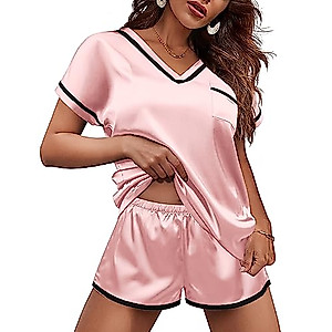 Ekouaer Ladies Silk Pajamas Set Satin V-Neck Pjs Soft Short Sleeve Nightwear with Shorts Pink