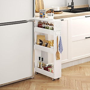 XYZLVSI Slim Storage Cart, 5 in Width, 4-Tier White Rolling Cart with Handle & Wooden Top for Kitchen Bathroom Laundry Narrow Places