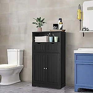 Iwell Large Bathroom Cabinet, Bathroom Storage Cabinet with 2 Drawers & 2 Shelves, Bathroom Floor Cabinet with 2 Doors for Living Room, Bedroom, Kitchen, Black