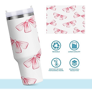 KEEPREAL 40 oz Pink Bow Tie Tumbler with Handle, Insulated Sports Water Bottle with Lid and Straw, Thermal Stainless Steel Travel Coffee Mug Cup