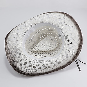 jiaoji Men & Women's Woven Straw Cowboy Cowgirl Straw Hat Cowboy Hats for Women Cowboy Hat Shapeable Brim, Beach Cowgirl (White-DimGray/Beads)