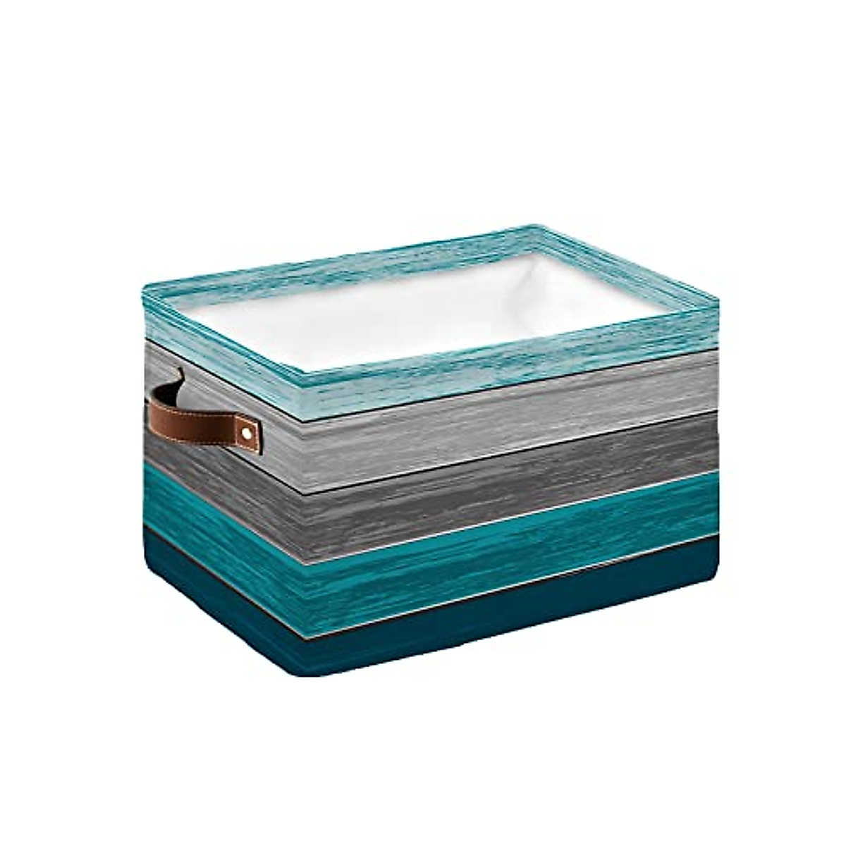 Teal Wood Board Grey Gradient Stripes Storage Bins with Handles, Barn Gray Blue Green Ombre Storage Basket for Shelves, Cube Storage Organizer Bins for Toys, Closet (1 Pack, 15" x 11" x 9.5")