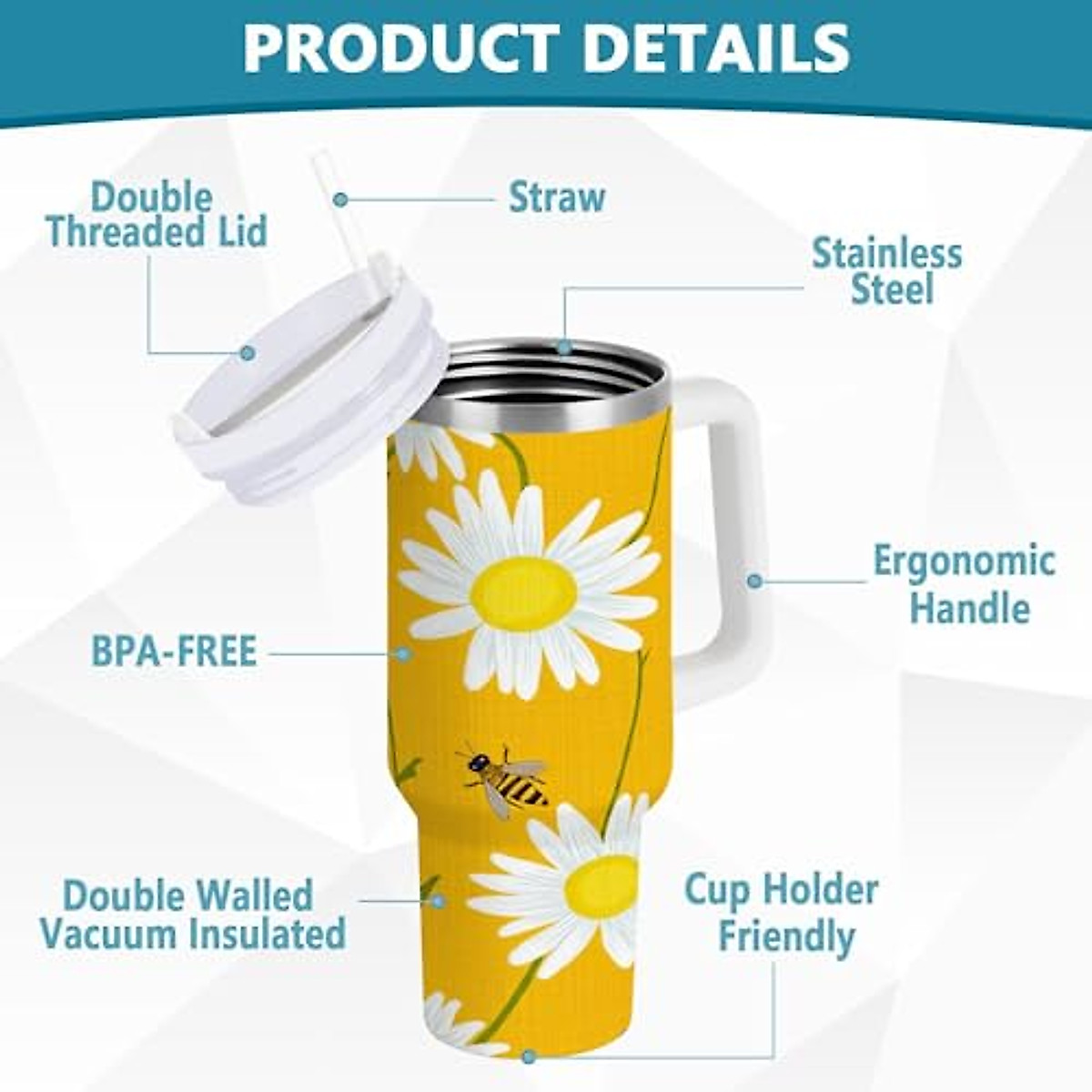 RPLIFE White Daisies Bees Warm Yellow 40 Oz Tumbler with Handle and Straw, Stainless Steel Tumbler with Straw, Coffee Tumbler