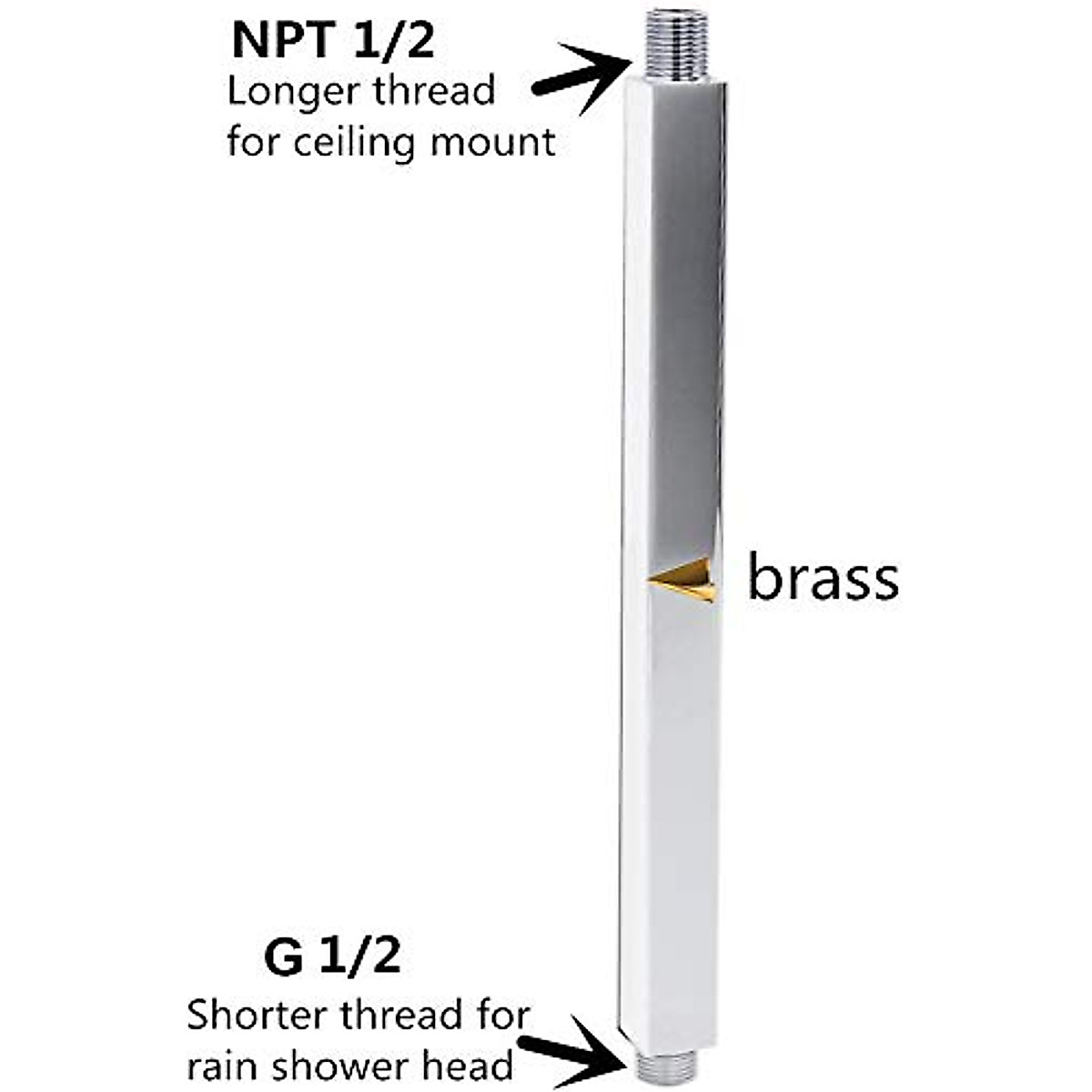 HOMEDEC Brass Shower Extension Arm with Flange,12inch Rainfall Shower Head Extender Pipe Ceiling Mount Straight Square Tube Replacement, Chrome, NPT 1/2" Threads