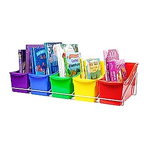 Storex Large Book Bins, Metal Shelf Rack Included, Assorted Colors, Set of 5 (71125A01C)