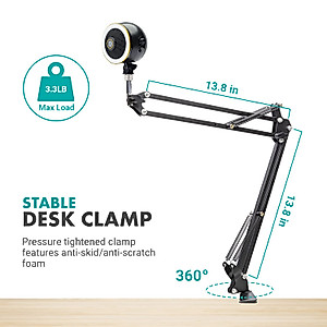 Movo Studio Boom Microphone Arm for Webcam - Scissor Suspension Stand for Webcam, WebMic, Microphone, Ring Light with USB-C to USB-A Extension Cable and Thread Adapters - Boom Arm for Microphone