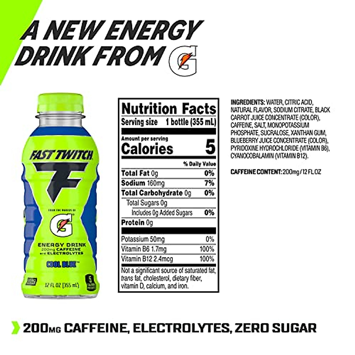 Fast Twitch Energy drink from Gatorade, Cool Blue, 12oz Bottles, (12 Pack), 200mg Caffeine, Zero Sugar, Electrolytes