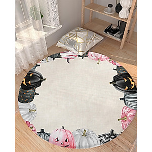 Halloween Fluffy Round Area Rug Carpets 3ft, Plush Shaggy Carpet Soft Circular Rugs, Non-Slip Fuzzy Accent Floor Mat for Living Room Bedroom Nursery Home Decor Pink Black Horror Pumpkin Plaid Dot