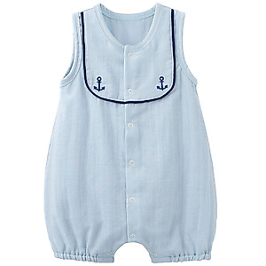 pureborn Baby Boy's Nautical Romper Sleeveless Summer Naval Style Cotton Sailor One Piece Outfit Blue Anchor 6-9 Months