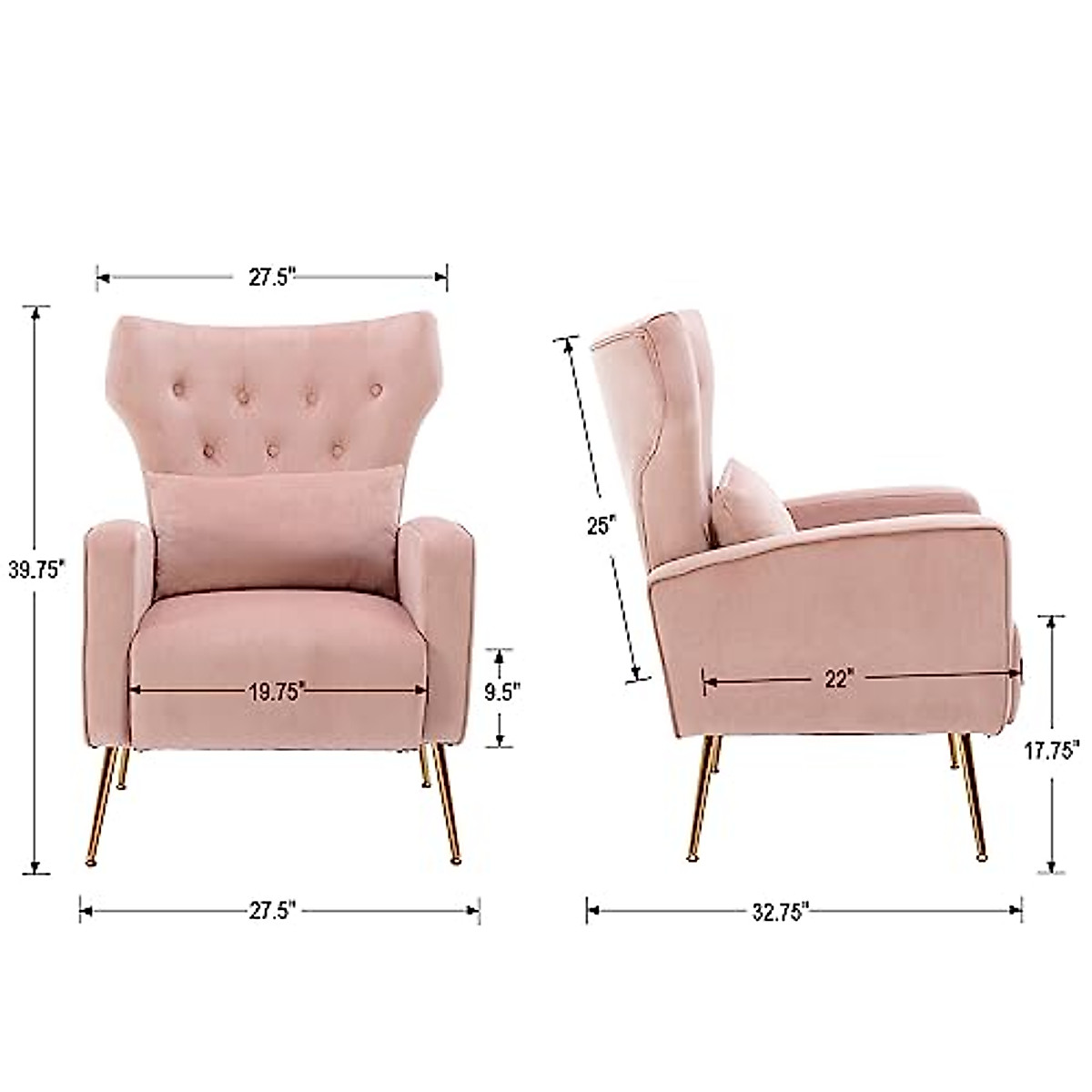 Kmax Velvet Accent Chair Mid-Century Tufted Arm Chair Gold Legs Pillow Wingback Chair for Bedroom Living Room Vanity Reading, Pink, Set of 2