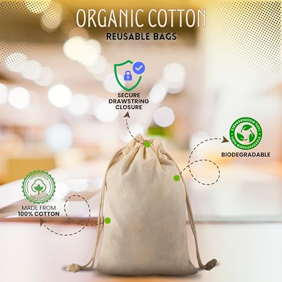 Ecogreentextiles 6x10 in 25 pcs Organic Cotton Muslin Bags with Drawstrings - 100% Natural Cotton Bags, Washable, Biodegradable, Food Safe - Ideal for Shopping, Storage, Spices, Crafts