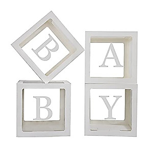 QPEY Baby Boxes with Letters for Baby Shower,Clear Baby Shower Decorations Block Boxes,Transparent Balloon Box Backdrop for Baby Shower & Birthday Party,4PCS