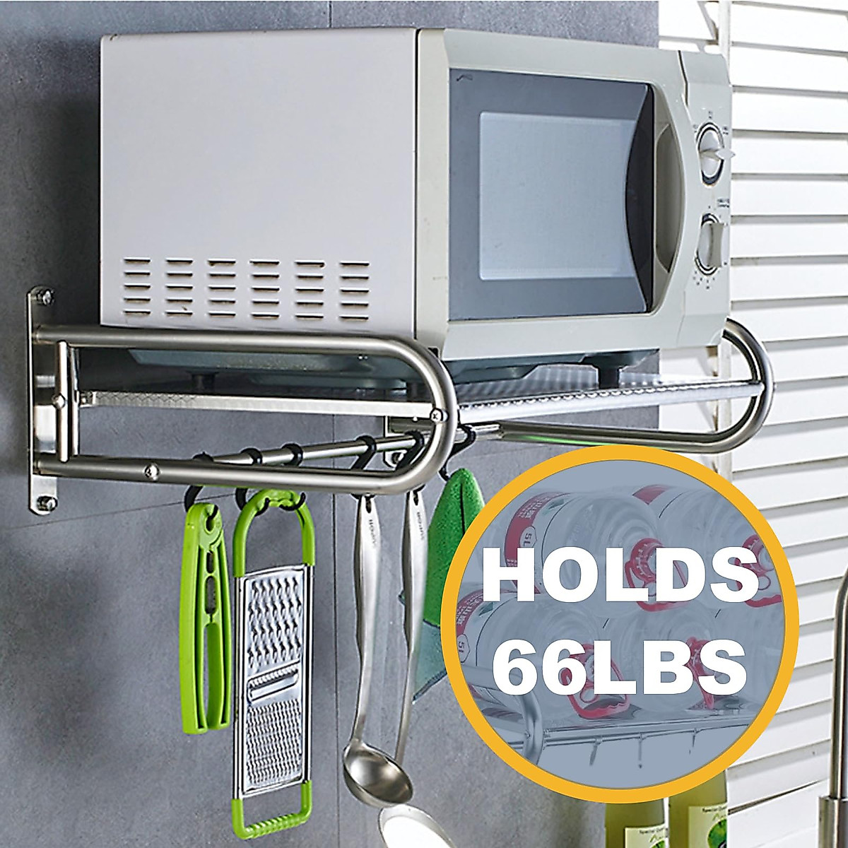 ILWorkTLs Wall Mounted Microwave Oven Rack,Stainless Steel Kitchen Shelf with 6 Hook for Kitchen,Restaurant,Silver