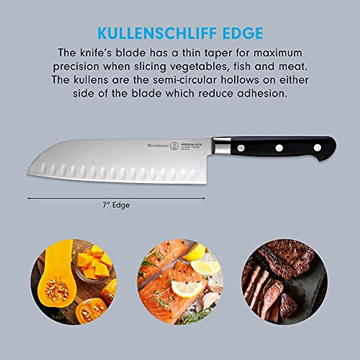 Messermeister Meridian Elite 7” Kullenschliff Santoku Knife - Japanese Chef’s Knife - German Steel Alloy Blade - Rust Resistant & Easy to Maintain