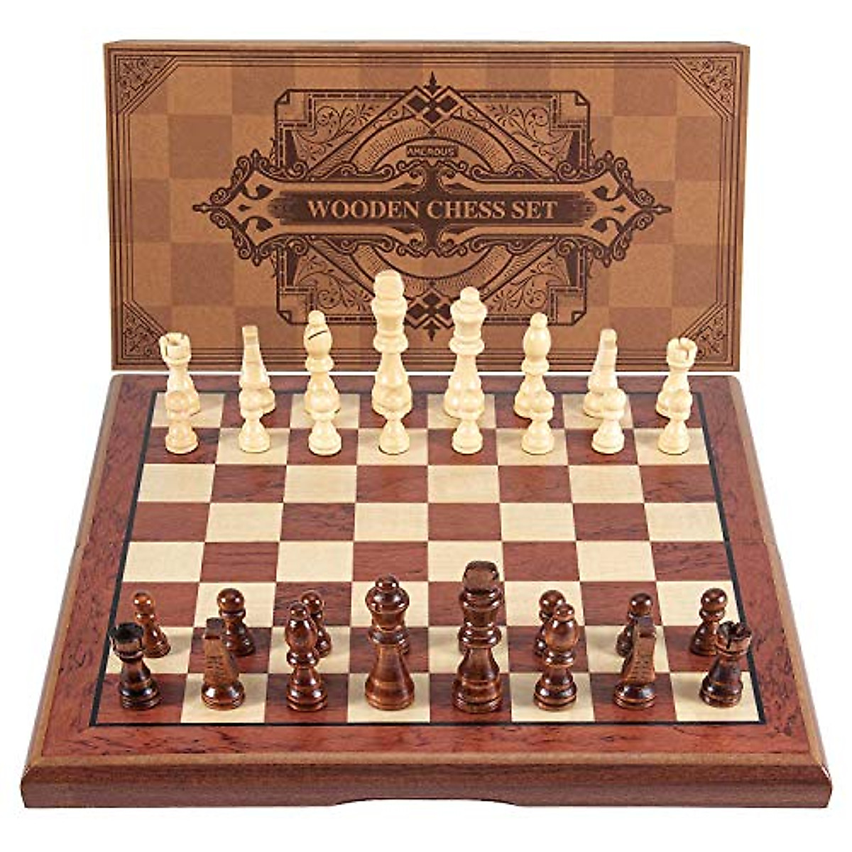 AMEROUS 15'' Magnetic Wooden Chess Set -Folding Board -2 Extra Queens -Chessmen Storage Slots -Gift Package, Travel Chess Board Game Sets for Kids and Adults