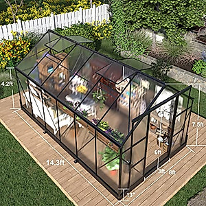 AMERLIFE 8x14x7.5 FT Polycarbonate Greenhouse 2 Sliding Doors 4 Vent Window Walk-in Premium Greenhouse Storage Shed Sunroom Aluminum Large Sun House for Outdoor Garden Backyard, Matte Black