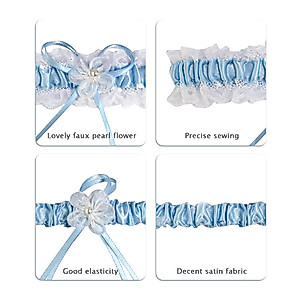 RIMOBUL 2 Pieces Wedding Garters Lace Bridal Garter Faux Pearls Garter for Bride with Toss Away（Light Blue）
