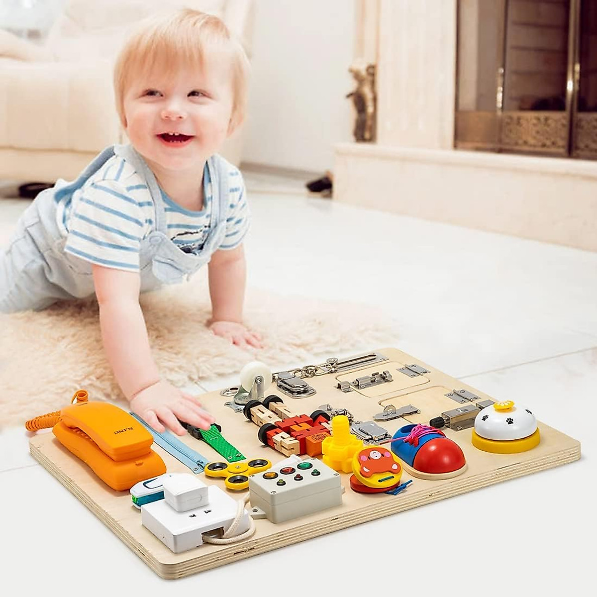 Montessori Busy Board for Toddlers- Learn to Dress Toys for 1 2 3 4 Year Old Kids - Learning Toy for Airplane or Car Travel-20-in-1 Yellow
