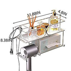 Acliys Bathroom Shelves Wall Mounted, Acrylic Hair Dryer Holder Tissue Box Holder, No Drilling Floating Shelves Bathroom Accessories for Blow Dryer Facial Tissues Cosmetics Toothbrush(Silver, Clear)