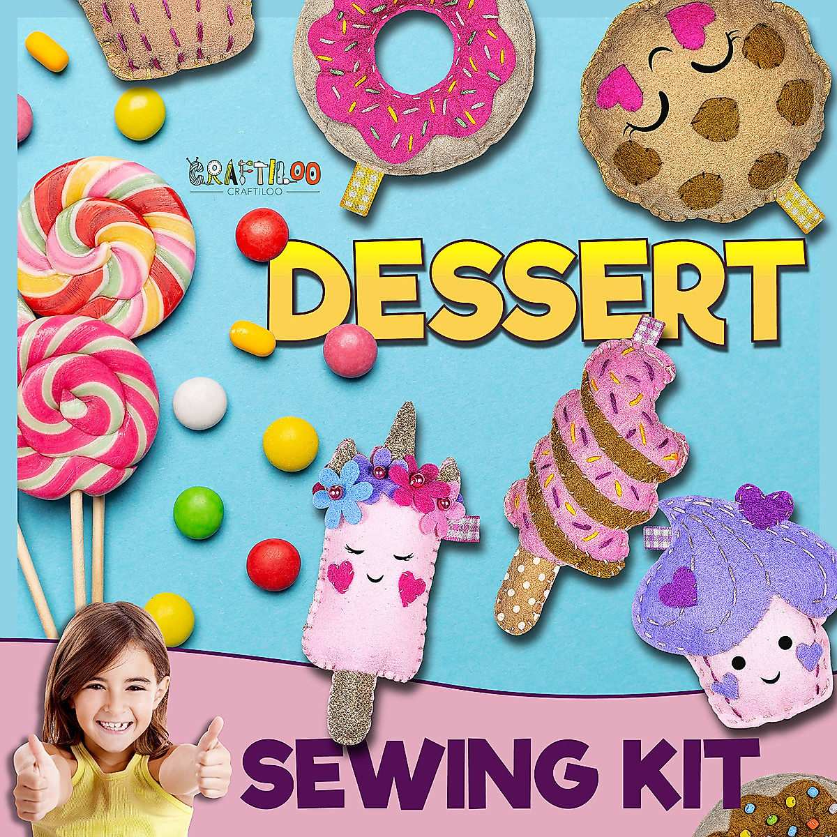 12 Pre-Cut Mini Treats Dessert Fun Kids Sewing Kit for Kids Ages 8-12 Children Beginners Sewing kit kid crafts Make Your Own Felt Pillow Plush Craft Kit Girls and Boys Art Craft Kits Learn to Sew Kit