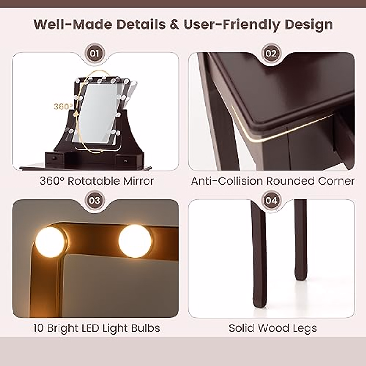 CHARMAID Makeup Vanity Desk with Lighted Mirror, 3 Color Lighting Modes, Adjustable Brightness, 3 Drawers, Removable Dividers, Bedroom Dressing Table Vanity Set with Stool for Girls Gift (Espresso)