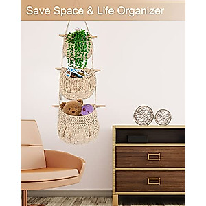 MOVNO Hanging Fruit Basket, Handmade Macrame Hanging Basket, Decorative Macrame Fruit Basket Hanging, Space Saving Boho Fruit Basket, Perfect for Kitchen/Room/Living Room Organization Storage