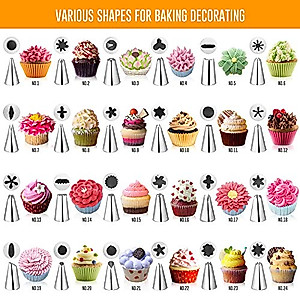 Kincown Piping Bags and Tips Set, 33pcs Frosting Piping Kit with 24 Stainless Steel Piping Tips, 2 Reusable Silicone Pastry Bags, 2 Couplers and 3 Icing Smoother, Piping Tips Set with Storage Case