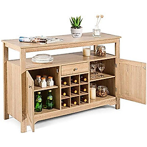 ReunionG Buffet Sideboard, Wine Console Table, Wooden Kitchen Organizer w/2 Cabinets, 1 Drawer and 9 Wine Cabinets, Farmhouse Storage Cupboard, Wine Rack, Server Table, Dining Room Furniture (Natural)