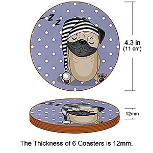 6 PCS Premium Leather Coasters for Drinks - Heat Resistant Drink Coaster - Protect Furniture from Stains Water Rings and Damage - Cute Pug Dog Sleepy