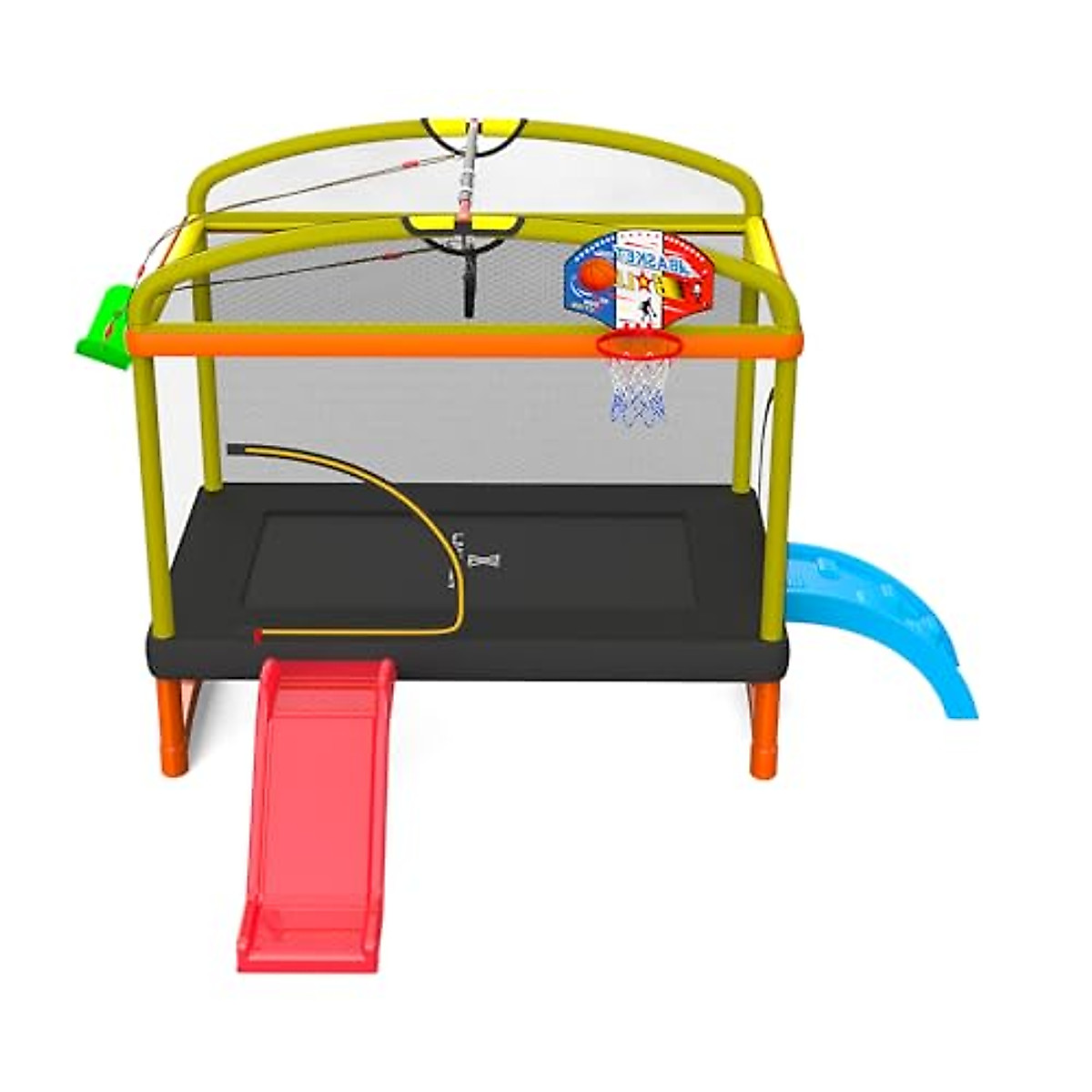 LANGXUN 6.5Ft 7-in-1 Rectangle Trampoline for Kids, with Climb, Slide, Swing, Basketball Hoop, Multi-Functional Indoor Outdoor Baby Toddler Mini Trampoline for Girls and Boys Birthday Gift, Age 1-10