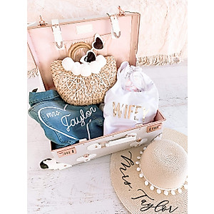 ModParty Bride Straw Purse | Honeymoon Bridal Shower Gift for Bride to Be | Handmade Summer Beach Tote Bag | Bride Bachelorette Party Outfit Essential | Straw Purse & Pom Poms