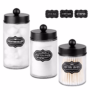 Apothecary Jars 3 Pack - Glass Bathroom Containers with Stainless Steel Lids - Rustic Farmhouse Decor Bathroom Accessories, Vanity Organizer Apothecary Jars for Qtip/Cotton Balls (Matte Black)