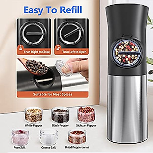 2023 Upgraded Electric Salt and Pepper Grinder Set Rechargeable, Automatic Salt and Pepper Grinder with LED Light, Adjustable Coarseness One Hand Operation Gravity Pepper Mill Grinder Refillable