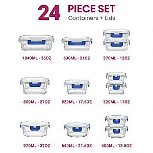 FineDine 24 Piece Glass Storage Containers with Lids - Leak Proof, Dishwasher Safe Glass Food Storage Containers for Meal Prep or Leftovers, Blue