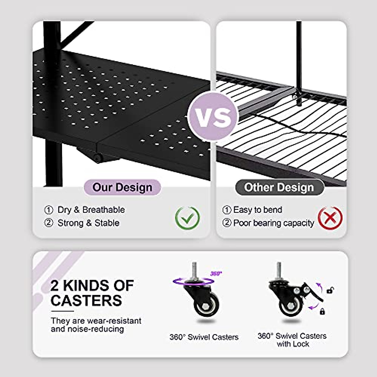 CuHome 3-Tier Foldable Storage Shelves with Wheels, Metal Folding Organizer Rack, Collapsible Shelves Heavy Duty Shelving Units for Kitchen Garage (3-Tier)