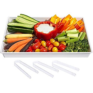 White Platter Serving Tray Set 15" x 10.5" | Pack of 3 Plastic Party Platters and 3 Tongs | Ideal for Appetizers, Desserts, Catering and more