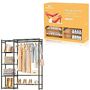 Neprock 20-Pack White Shoe Slots Organizer Bundle with Clothing Rack with Shelves
