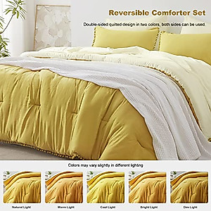 GRT Queen Bed in a Bag 7-Pieces Reversible Comforter Set Queen, Pom Pom Fringe Bedding Comforter Set Yellow Bed Set with Comforter, Pillow Shams, Flat Sheet, Fitted Sheet and Pillowcases