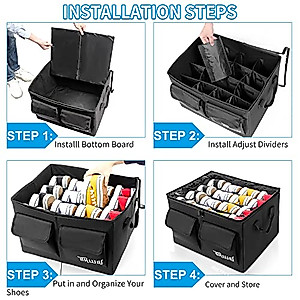 ITHWIU Shoe Storage Organizer for 16 Pairs of Shoes with Transparent Cover & Adjustable Dividers for Shoes, Blankets, Handbags, Linen, Clothing, Black